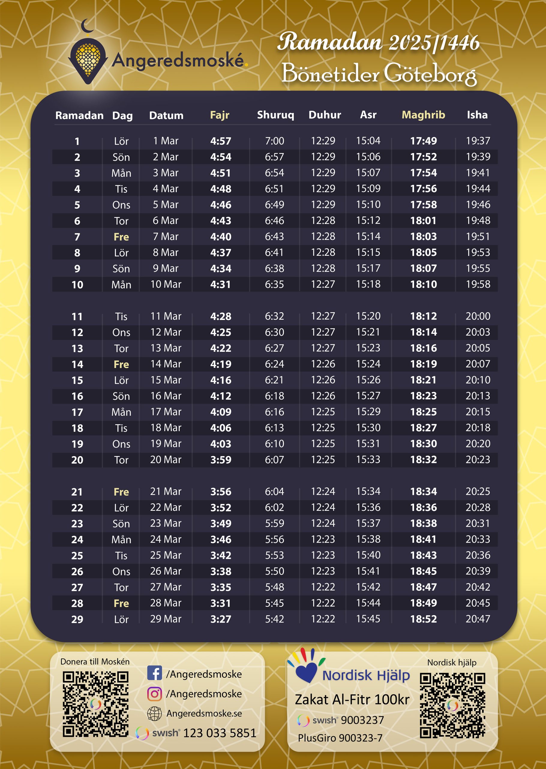 Ramadan Bönetider Göteborg 2025 - Angeredsmoske